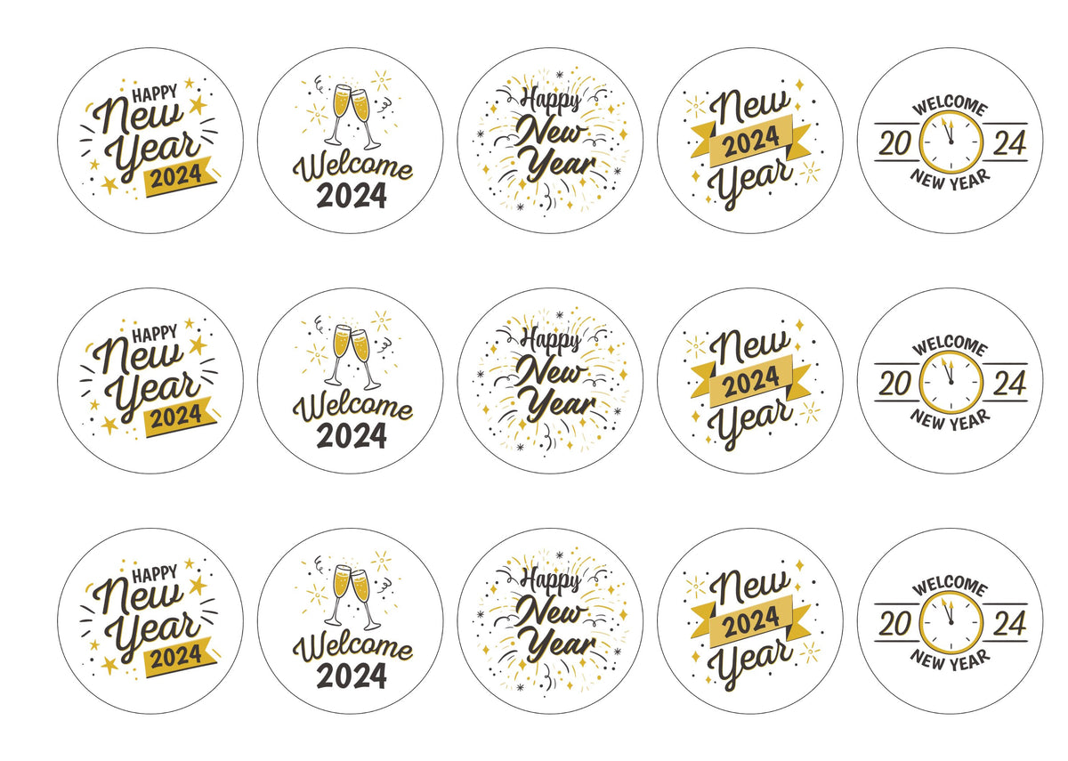 Edible cake toppers | Happy New Year 2024 Black and Gold | Edibilis